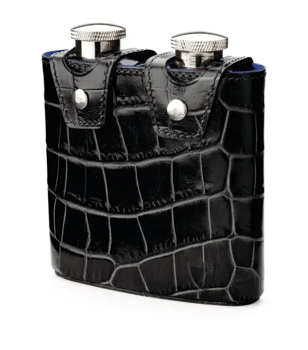 ASPINAL OF LONDON Croc-embossed Leather Double Hip Flask - Black