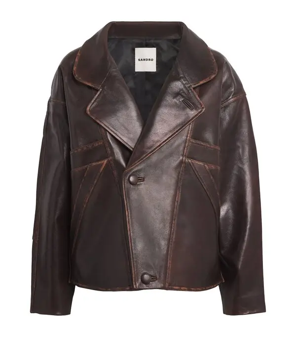 Sandro Double-breasted Leather Jacket - Brown
