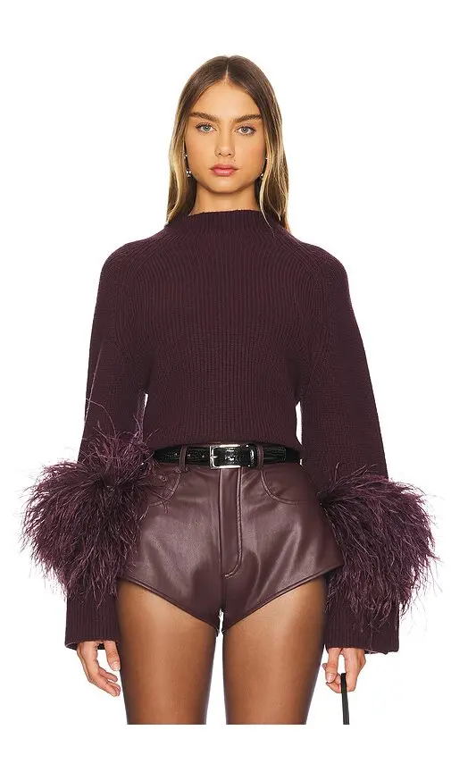 Lapointe Mock Neck Sweater With Ostrich Feather Trim - Wine