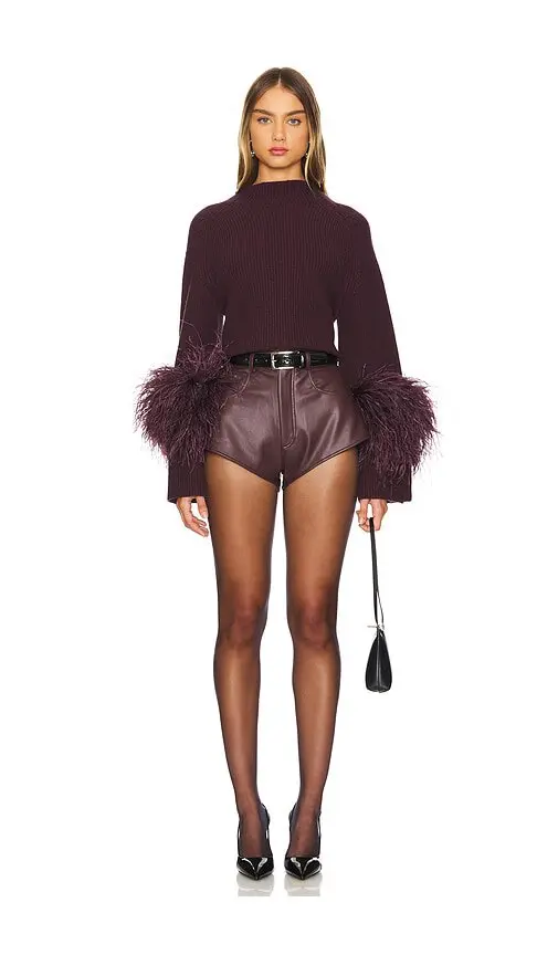 Lapointe Mock Neck Sweater With Ostrich Feather Trim - Wine