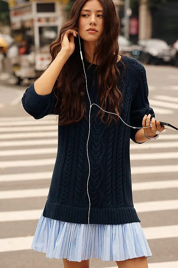 Anthropologie Delphine Cable Knit Twofer Dress - Blueberry