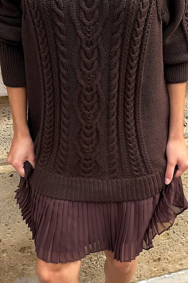 twofer cable knit sweater dress Anthropologie Delphine - Brown tie neck dress