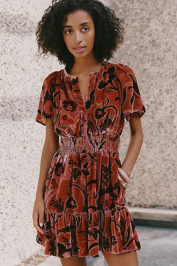 THE SOMERSET COLLECTION BY ANTHROPOLOGIE The Somerset Collection Velvet Mini Dress - Rust