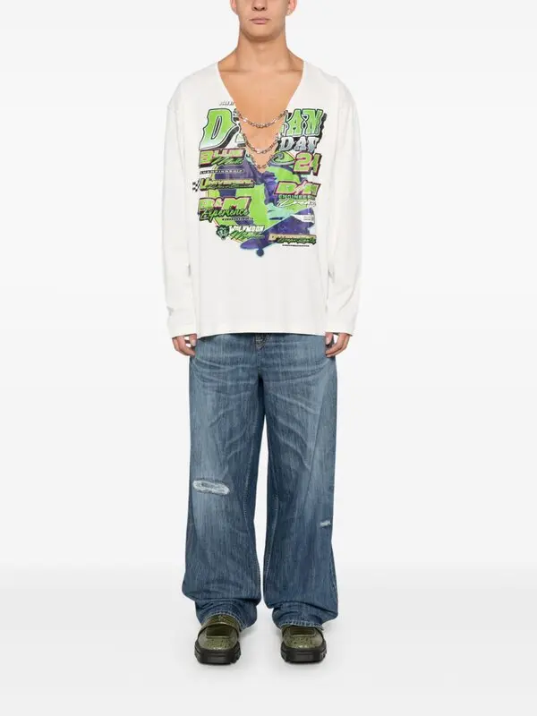 Bluemarble Moto-Print & Chain T-Shirt In White - 50% Off