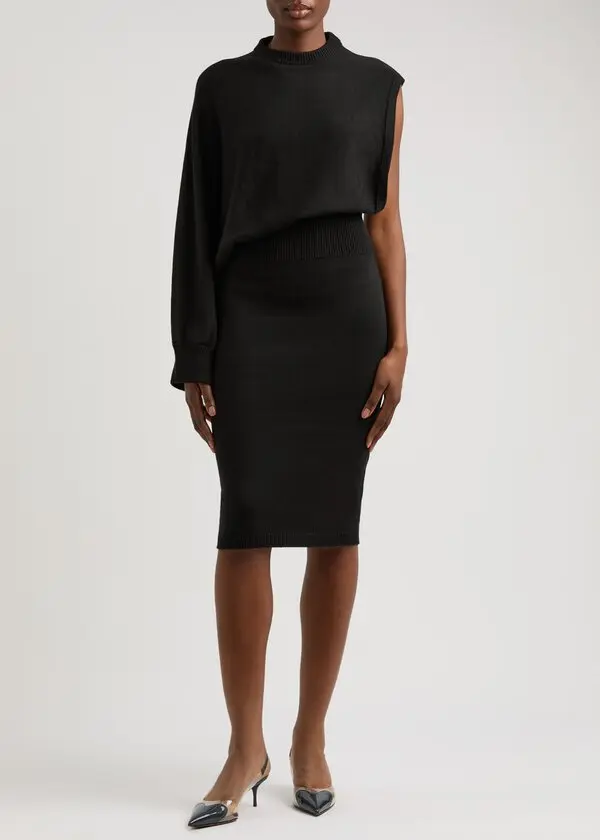 one shoulder jumper dress AlaA One-Shoulder Wool Jumper Dress - Black