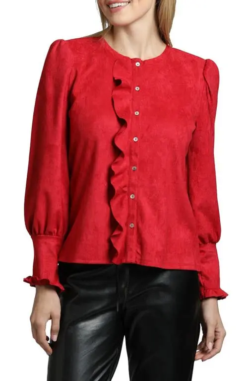 APNY Ruffle Faux Suede Button-up Shirt - Red