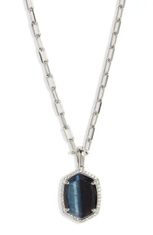 Kendra Scott Daphne Pavé Frame Pendant Necklace - Rhodium Navy Tigers Eye