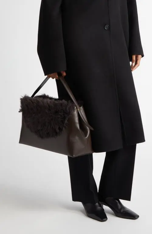 TOTEME T-lock Leather & Shearling Top Handle Bag - Bark