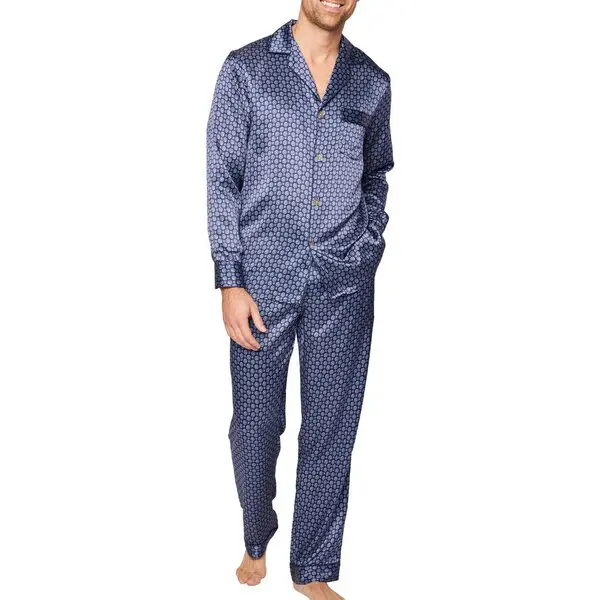 PETITE PLUME Medallion Mulberry Silk Pajamas - Navy