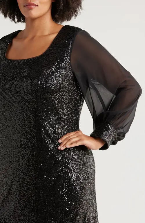 Alex Evenings Sequin And Chiffon Long Sleeve Sheath Dress - Black |  Editorialist