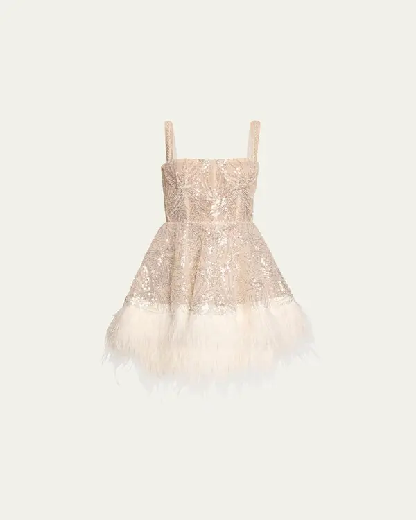 BRONX BANCO Bronx And Banco Mademoiselle Beaded Feather-trim Mini Dress - White