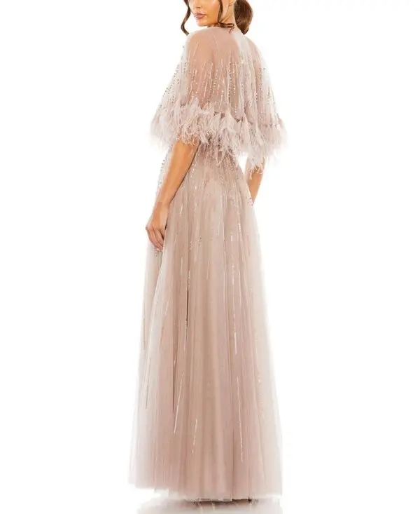 Mac Duggal Embellished A-line Gown With Feather Cape - Mocha