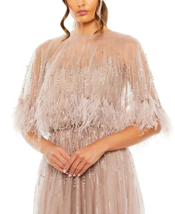 Mac Duggal Embellished A-line Gown With Feather Cape - Mocha
