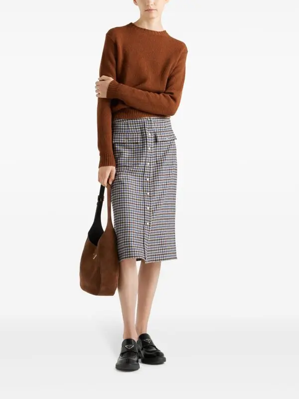 Prada Wool Checked Midi Skirt