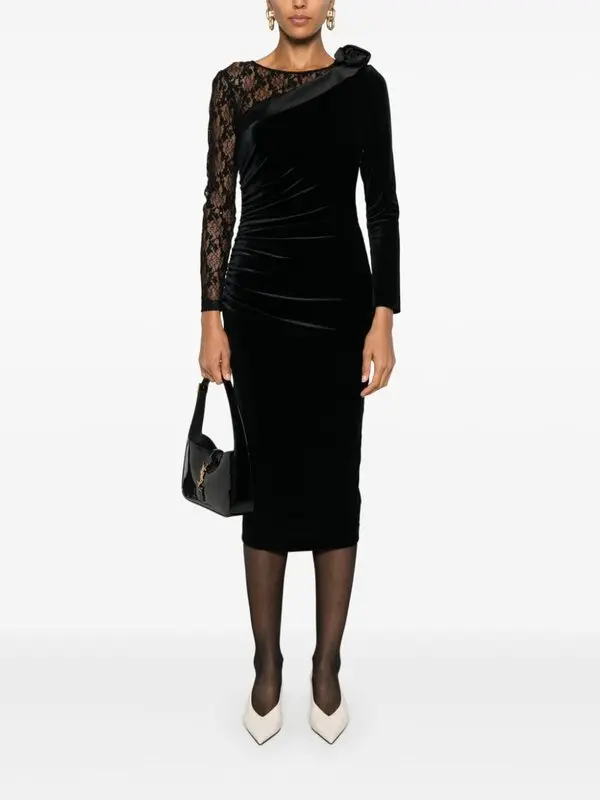 NISSA Lace-insert Velvet Midi Dress