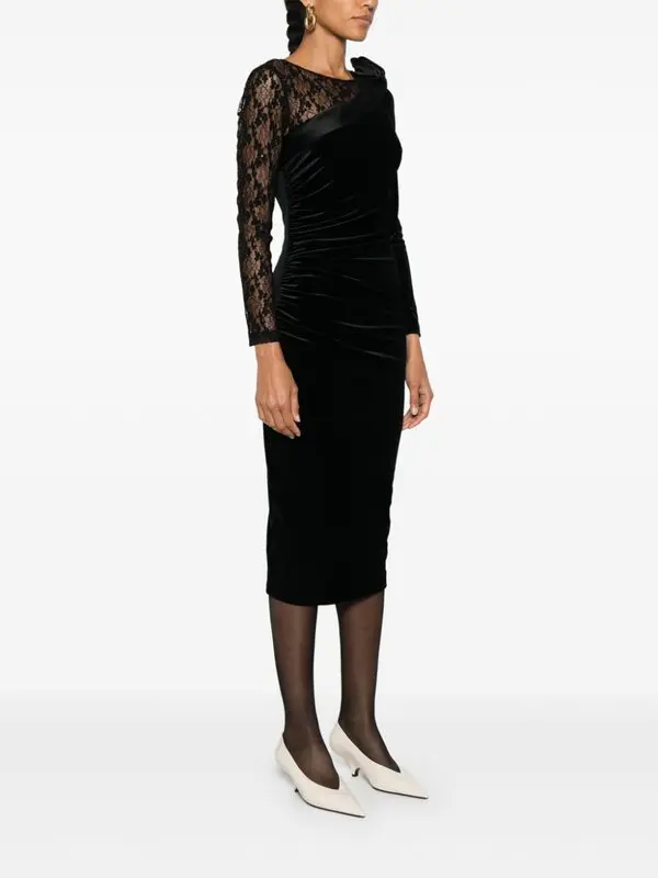 NISSA Lace-insert Velvet Midi Dress