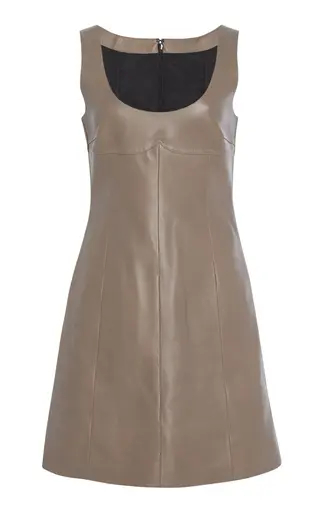 taupe leather dress Taupe Pu Faux Leather Midi Dress, With High Neck Design  4EVER STUNNING