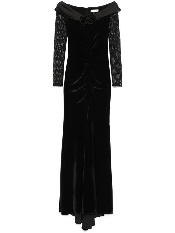 NISSA Lace Insert Velvet Maxi Dress