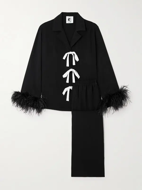 Sleeper Party Feather-trimmed Twill Pajama Set - Black