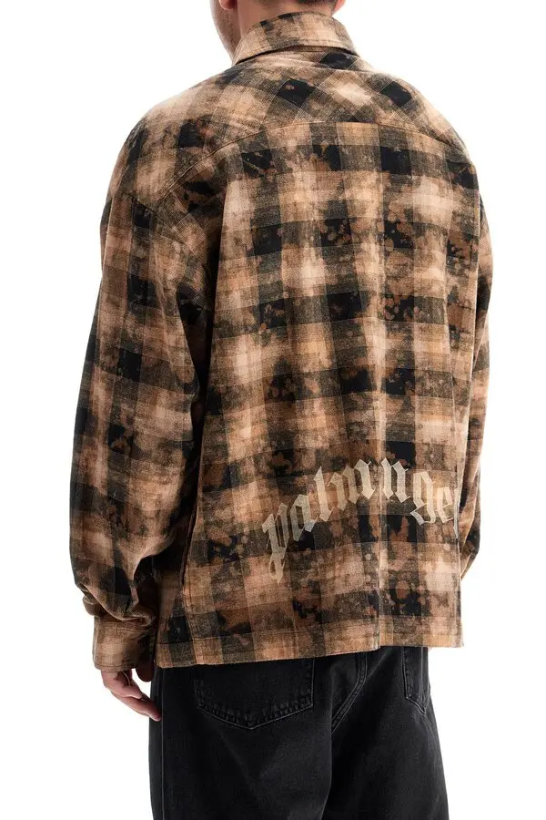 Palm Angels Flannel Shirt With Curved Logo In Brown - 39% Off