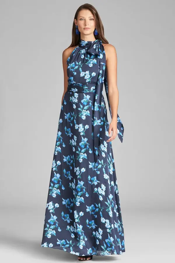 Sachin & Babi Kayla Printed Gown With Tie Neck