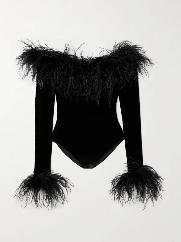 Oseree Plumage Feather-trimmed Velvet Bodysuit