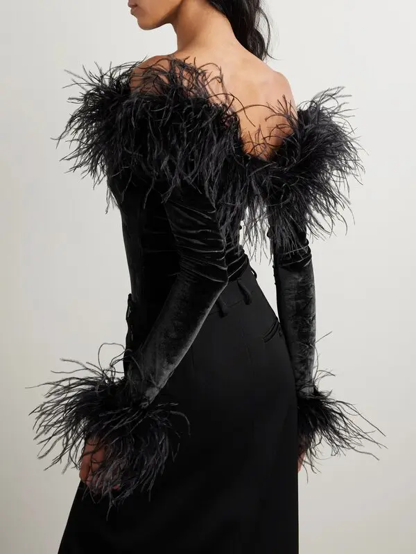 Oseree Plumage Feather-trimmed Velvet Bodysuit