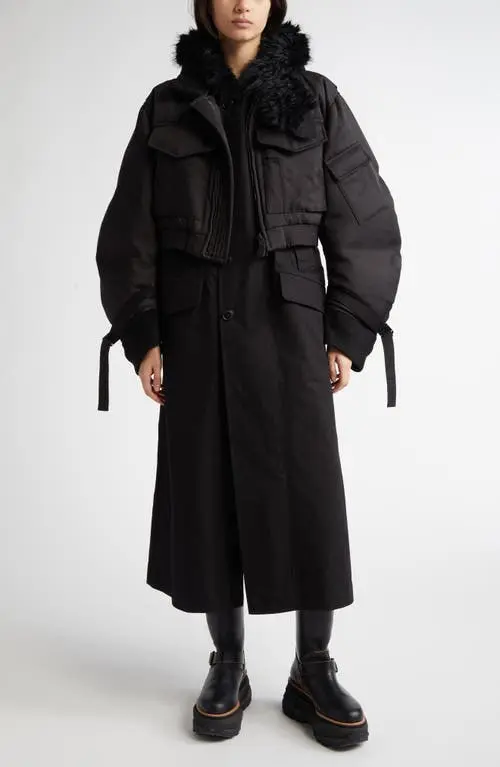 Sacai Spiewak Mixed Media Layered Down Coat In Black - 65% Off