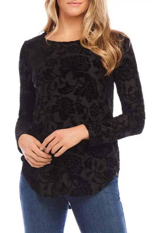 Karen Kane Floral Velvet Burnout Shirttail Top - Blk