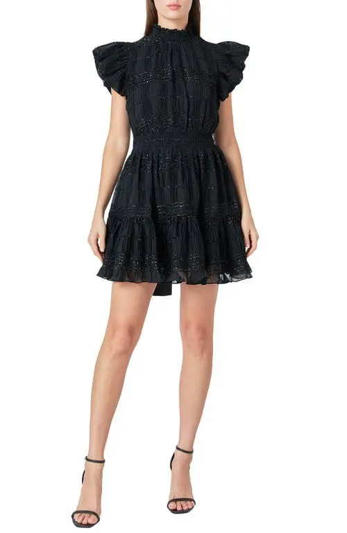Endless Rose Metallic Ruffle Smocked Chiffon Mini Dress - Black
