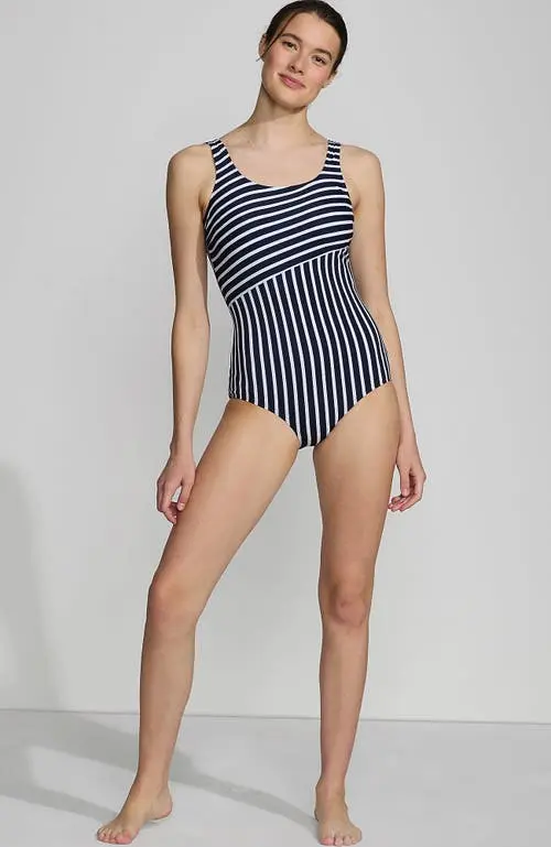 LANDS' END D-cup Chlorine Resistant Scoop Neck One Piece Swimsuit - Deep Sea/white Media Stripe