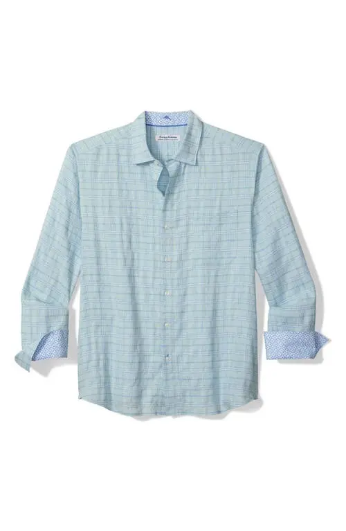 Tommy Bahama Barbados Breeze Playa Plaid Stretch Linen Blend Button-up Shirt - Aquifer