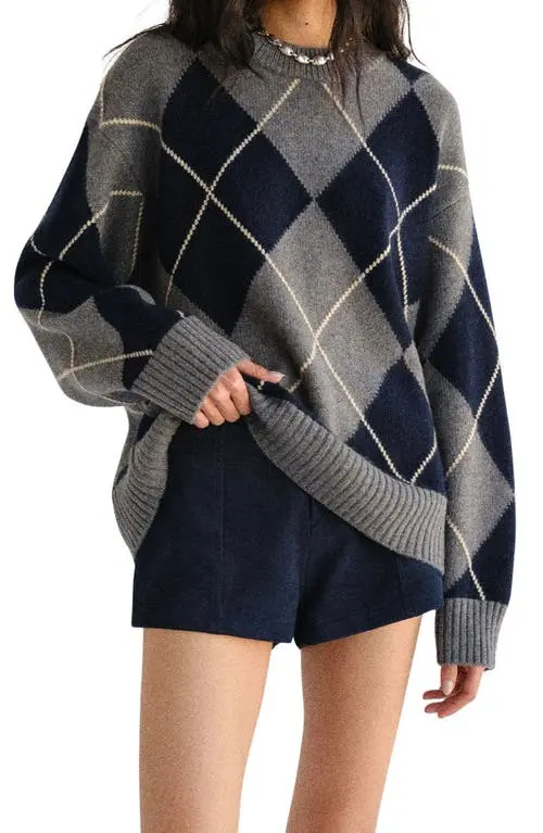 REFORMATION Cove Oversized Crewneck Cashmere Blend Sweater - Thunder Multi Argyle