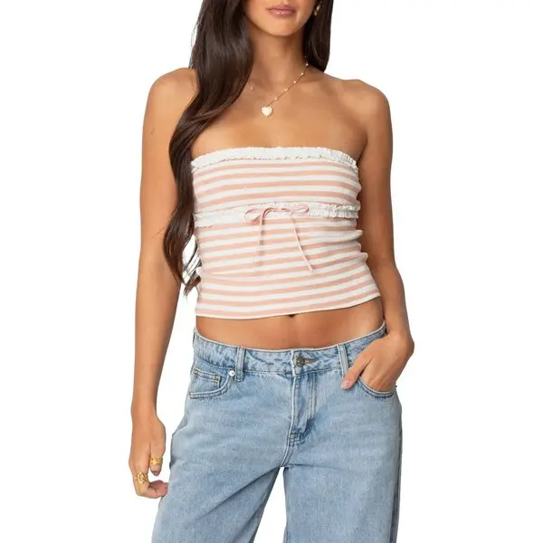 EDIKTED Stripe Ruffle Trim Tube Top