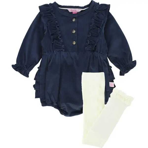RUFFLEBUTTS Cotton Corduroy Bubble Romper & Leggings Set - Blue