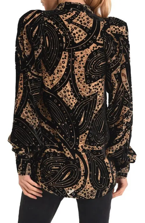CIEBON Sadie Mixed Print Burnout Velvet Button-up Shirt