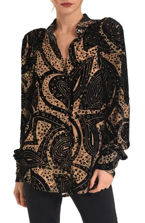 CIEBON Sadie Mixed Print Burnout Velvet Button-up Shirt - Black Multi