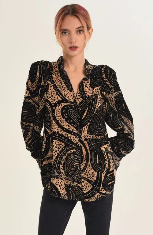 CIEBON Sadie Mixed Print Burnout Velvet Button-up Shirt