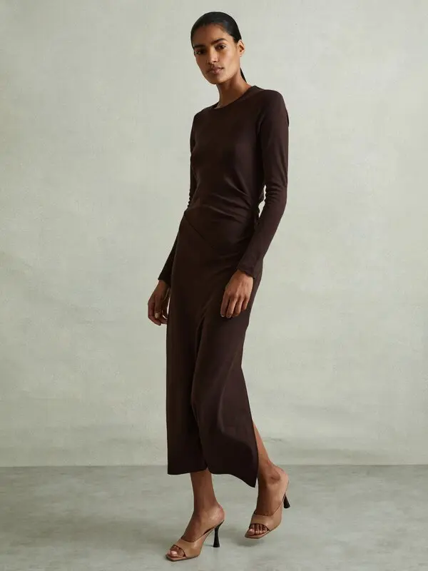 REISS Sloane Petite Wool Ruche Detail Midi Dress