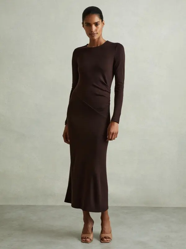 REISS Sloane Petite Wool Ruche Detail Midi Dress