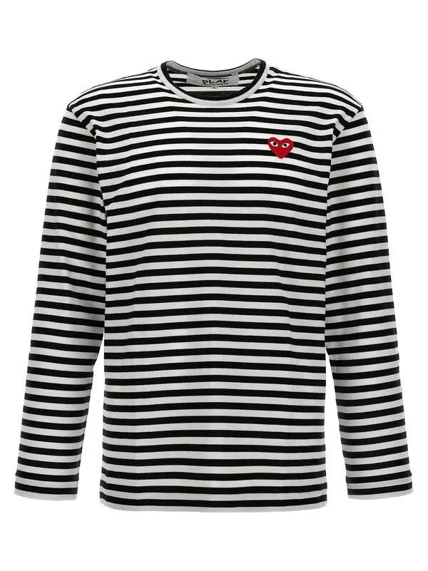 Play Comme Des Garcon Logo Patch Stripes T Shirt - White/black