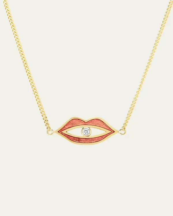 AUDREY C. JEWELS 18k Yellow Red Enamel And Diamond Lips Necklace - Gold