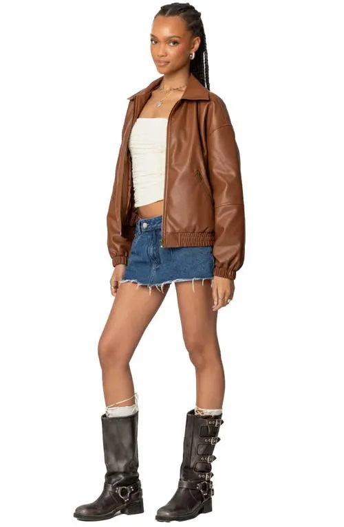 EDIKTED Halley Faux Leather Bomber Jacket - Brown