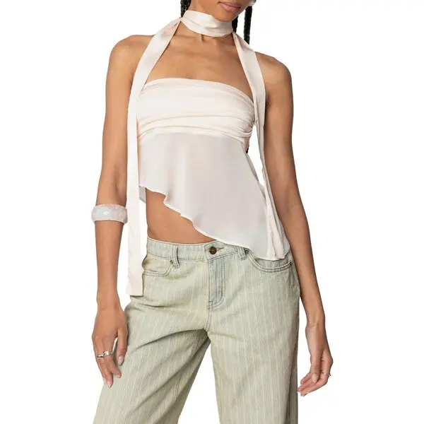 EDIKTED Asymmetric Satin Tube Top & Scarf Set - Cream