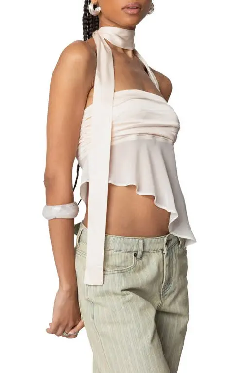 EDIKTED Asymmetrical Satin Tube Top & Scarf Set
