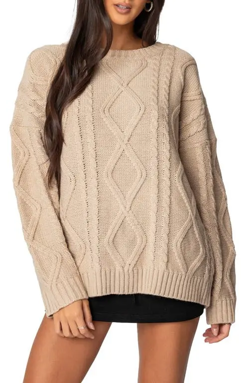 EDIKTED Kennedy Oversize Cable Stitch Sweater Tunic - Beige