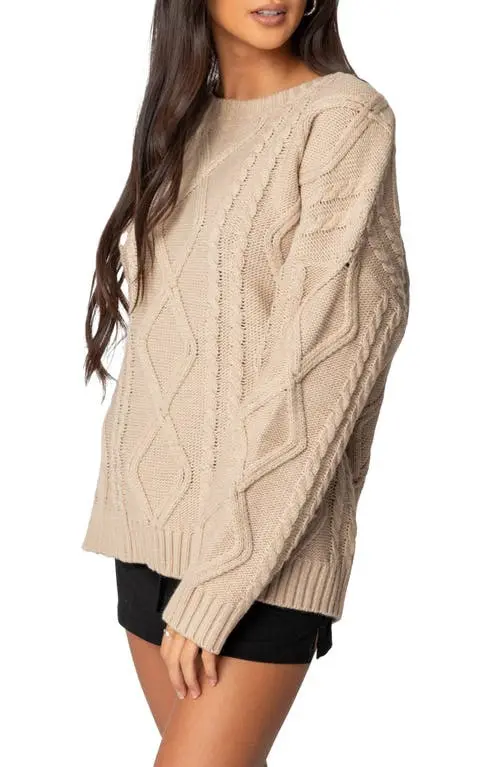 EDIKTED Kennedy Oversize Cable Stitch Sweater Tunic - Beige