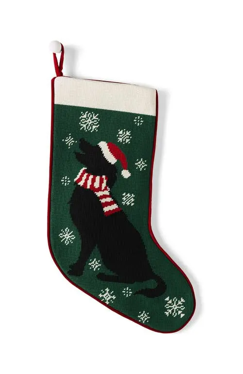 LANDS' END Needlepoint Christmas Stocking - Green Dog
