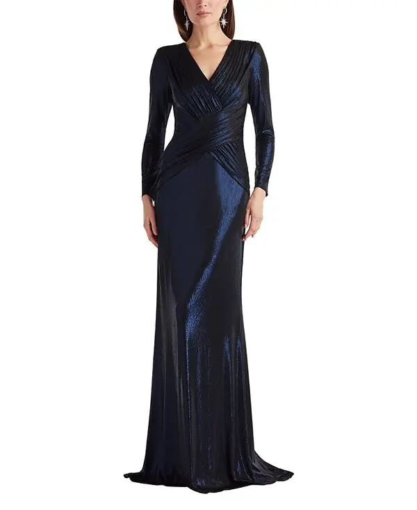 Tadashi Shoji Esau Metallic Crisscross Draped Gown - Navy