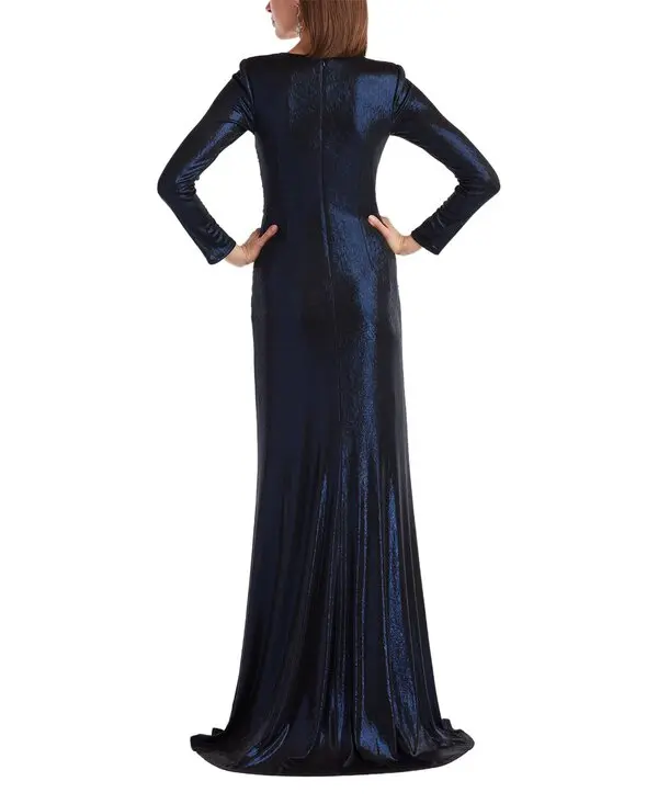 Tadashi Shoji Esau Metallic Crisscross Draped Gown - Navy